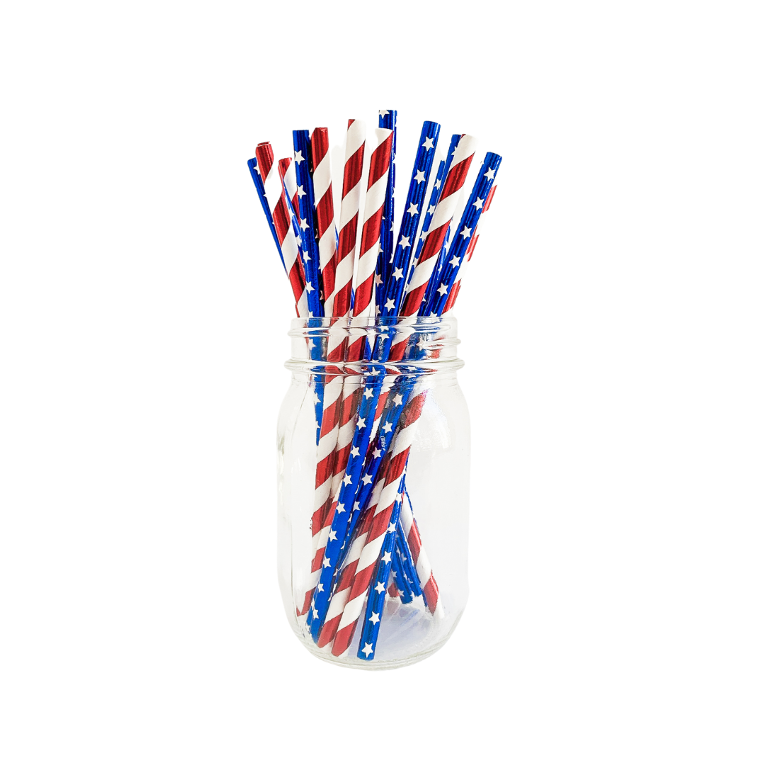 Fourth of July red, white and blue stars and stripes paper straws ...